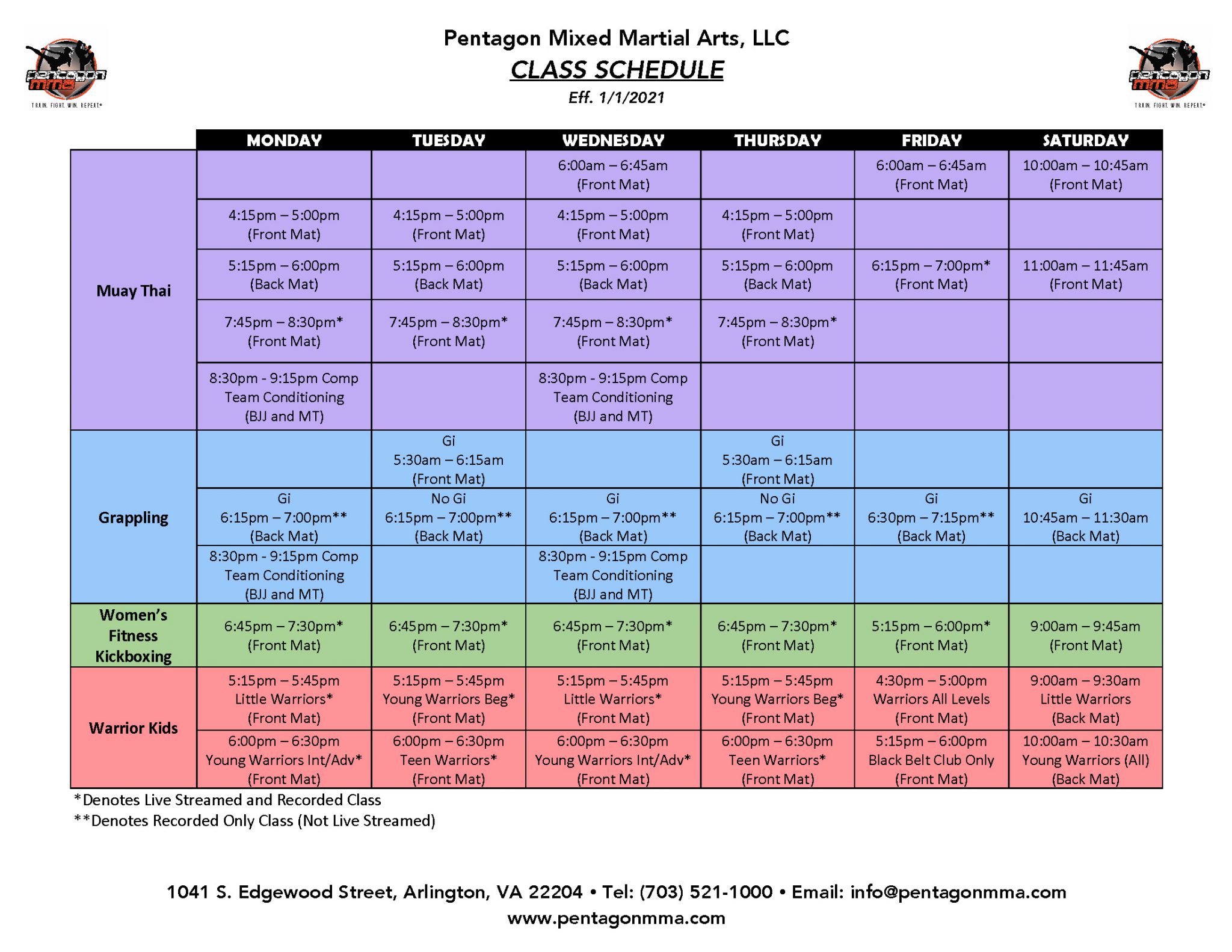 Pentagon MMA Class Schedule 1 1 2021 in Color Pentagon Mixed
